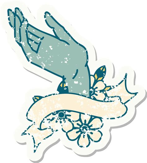 Worn Old Sticker With Banner Of A Hand 12014506 Vector Art At Vecteezy