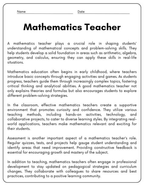 Mathematics Teacher Reading Comprehension Passages And Questions Worksheets