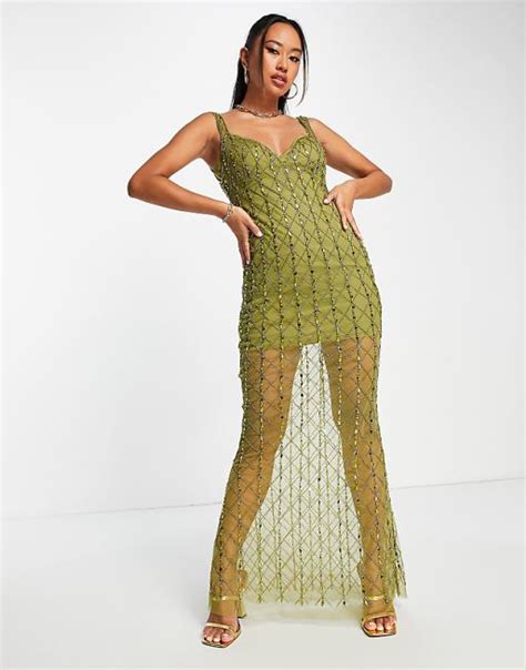 Asos Design Robe Nuisette Longue à Sequins Olive Asos
