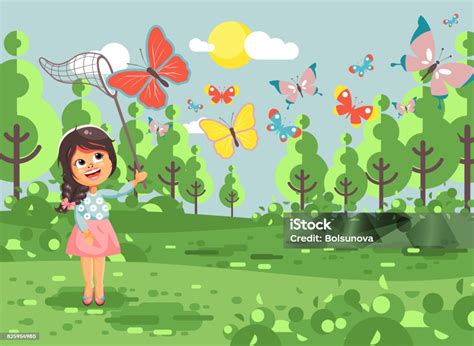 벡터 일러스트 레이 션 만화 캐릭터 외로운 아이 젊은 자연주의 생물학 여 자가 캐치 화려한 나비 그물 국자 그물 후프그물 플랫