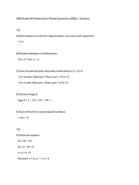 Neb Grade Xii Mathematics Model Questions Pdf