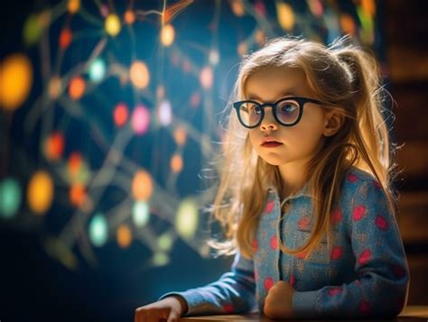 Cute Little Smart Ted Girl With Glasses Surrounded By Scientific