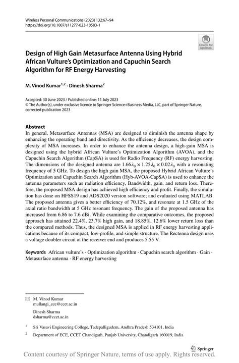 Design Of High Gain Metasurface Antenna Using Hybrid African Vultures