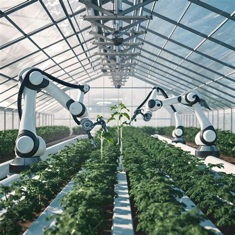 High Tech Robotic Greenhouse Clear Glass Ceiling Robotic Arms Tending Plants Futuristic