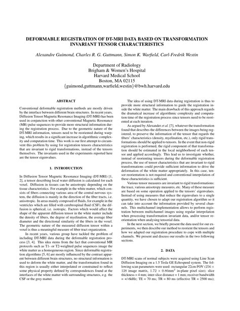 Pdf Deformable Registration Of Dt Mri Data Based On Transformation Invariant Tensor