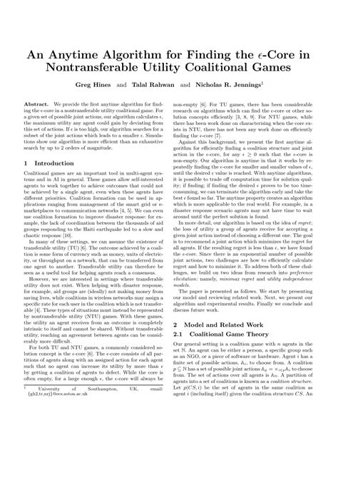 Pdf An Anytime Algorithm For Finding The Core In Nontransferable Utility Coalitional Games