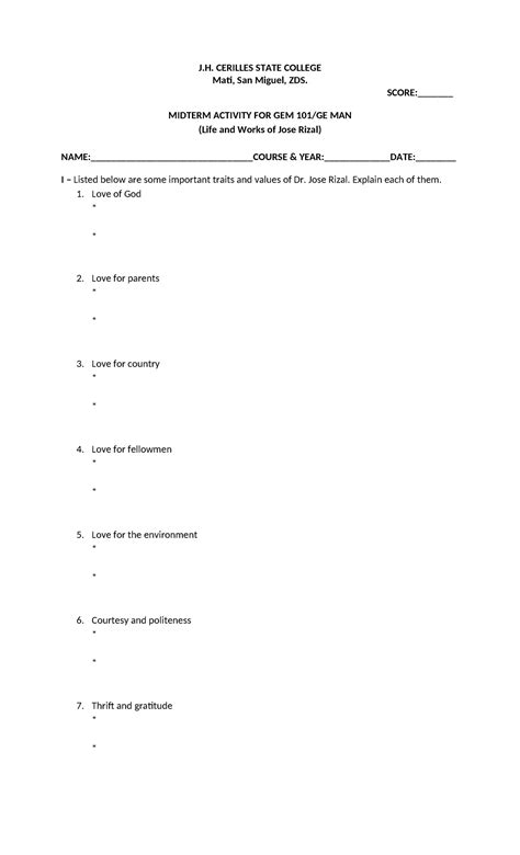 Activity 1 Midterm Rizal J Cerilles State College Mati San Miguel Zds Score