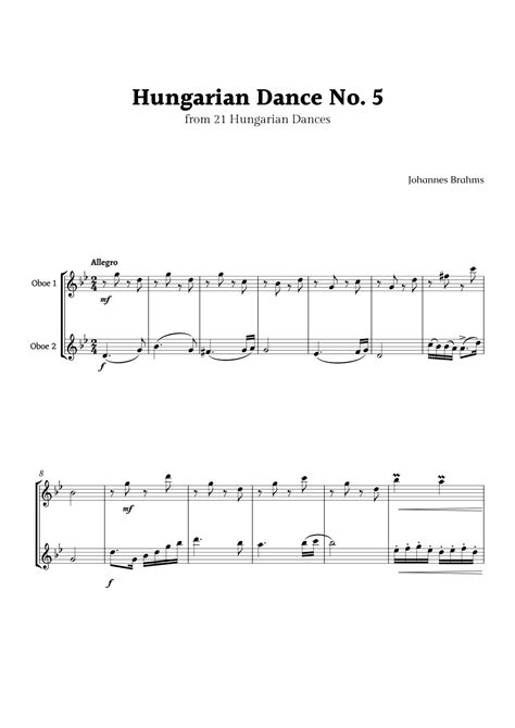 Hungarian Dance No 5 By Brahms For Oboe Duet Arr Rika K Sheet