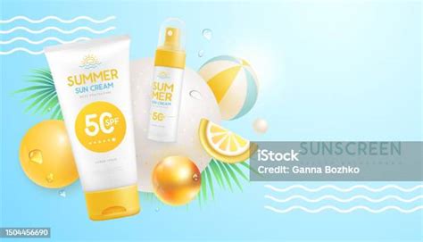 3d 구체와 자외선 차단제 튜브가 있는 여름 배경 화려한 여름 풍경입니다 벡터 그림 3차원 형태에 대한 스톡 벡터 아트 및 기타 이미지 3차원 형태 개체 그룹 계절