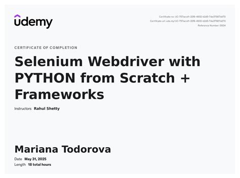 My Course Completion Certificate For Selenium Webdriver With Python From Scratch Frameworks