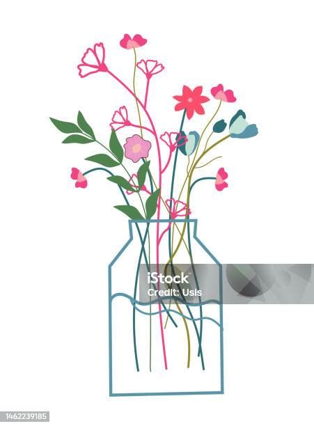 흰색 바탕에 유리 항아리에 야생화의 밝은 꽃다발 봄 개화 어머니의 날 봄 출생 결혼식 등을 축하하기위한 미니멀리스트 엽서 벡터 그림 다양에 대한 스톡 벡터 아트 및 기타