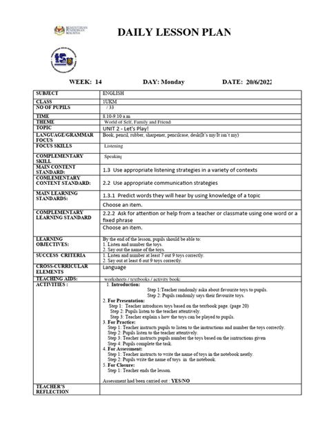 Lesson Plan Year 1 Week 14 Pdf