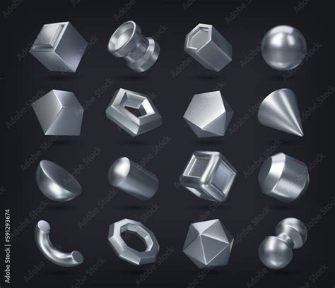 3d Silver Geometric Shapes Vector Cube And Cylinder Sphere And Octahedron Cone Pyramid
