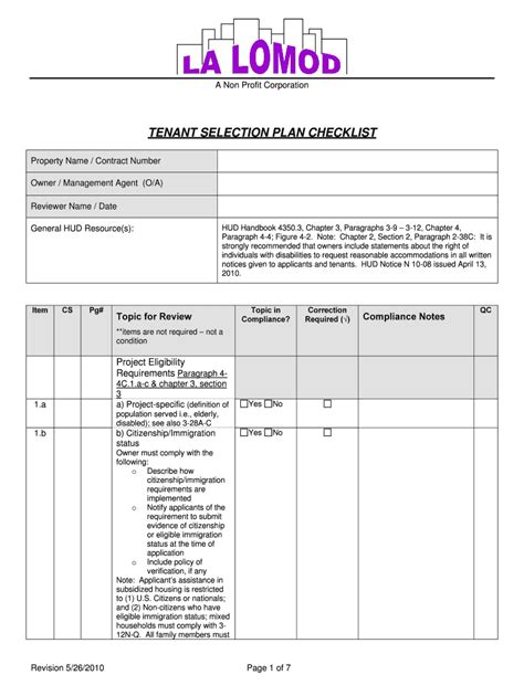 Fillable Online TENANT SELECTION PLAN CHECKLIST Fax Email Print PdfFiller