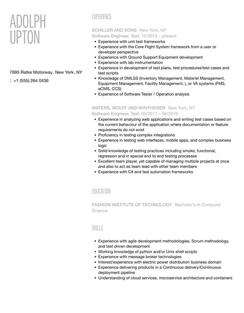 Software Engineer Test Resume Samples Velvet Jobs