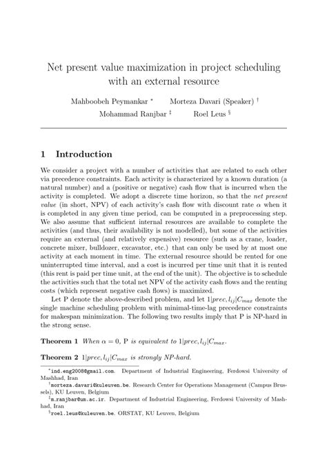 Pdf Net Present Value Maximization In Project Scheduling With An