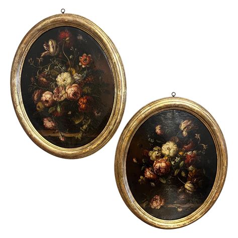 Coppia Di Ovalini Dipinti Olio Su Tela Composizioni Floreali Del