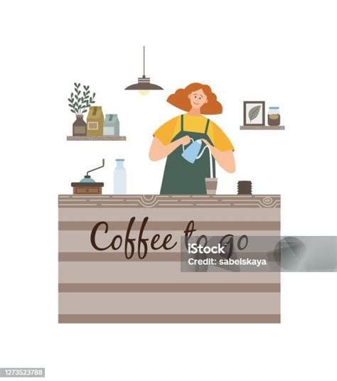바리스타 카페테리아에서 커피를 판매하는 플랫 만화 벡터 일러스트리소시 개성 개념에 대한 스톡 벡터 아트 및 기타 이미지 개성 개념 고객 남성상 Istock