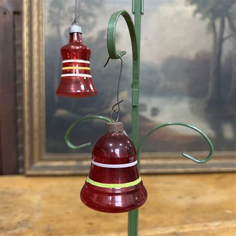 Vintage Unsilvered Red Glass Bell Christmas Ornaments With Stripes