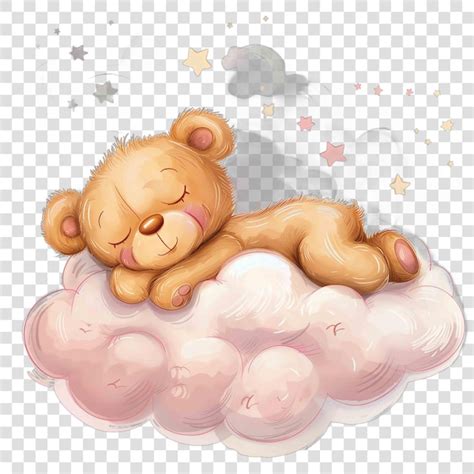 Cute Teddy Bear Sleeping On A Light Pink Cloud Watercolor Premium Ai