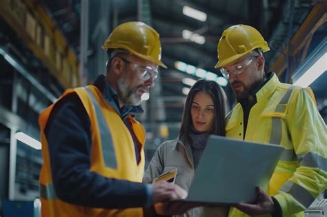 Premium Photo Male And Female Engineers Talk With Factory Worker At