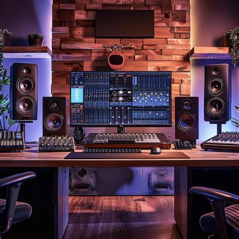 Premium Photo Modern Desk Setup With Keyboard Monitor And Speakers Generative AI