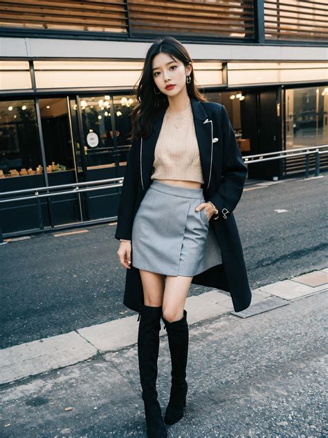 치마와 재킷을 입은 여자가 거리에 서 있다 Seaart Ai