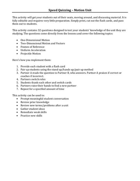 Motion Speed Quizzing Instructions Science 6th Grade