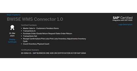 Bwise Wms Connector For Hana Certified By Sap Business One