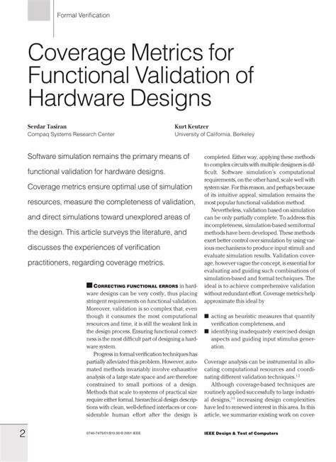 Pdf Coverage Metrics For Functional Validation Of Hardware Designs
