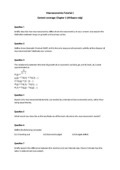 Macroeconomics Tutorial 1 2022 Macroeconomics Tutorial 1 Content