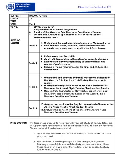Dramatic Arts Grade 12 Topics 1 2 3 4 Theme Programme 20th