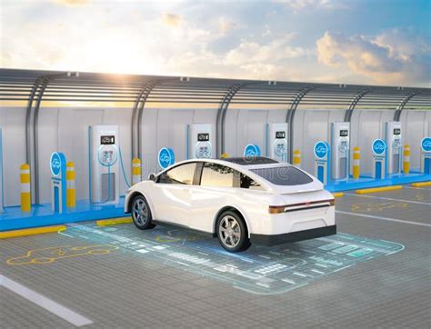 Ev Car Or Electric Vehicle Plug In With Recharging Station Display Graphic Interface Stock