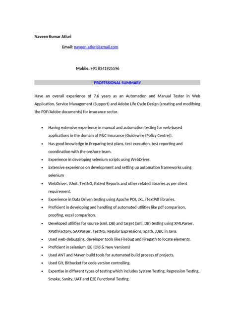 Naveenupdated Resume Pdf Selenium Software Software Testing