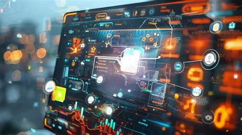 Innovative Digital Interface Displaying Data Visualizations At Sunset In A Modern Office Stock