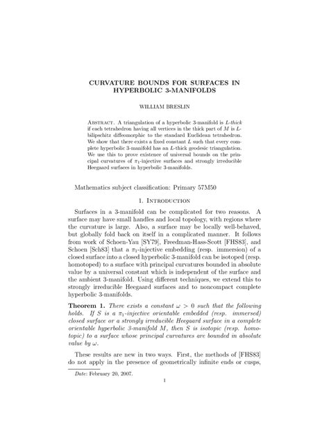Curvature Bounds For Surfaces In Hyperbolic 3 Manifolds Paper Math