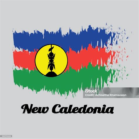 뉴칼레도니아 파란색 빨간색과 노란색 녹색의 브러시 스타일 색상 국기 Fibrated 블랙 디스크 그리고 또한 검은 수직 기호 부 숴 0명에 대한 스톡 벡터 아트 및 기타