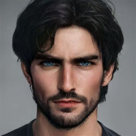 An Artists Rendering Of A Man With Dark Hair And Blue Eyes Wearing A