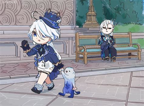 Furina Neuvillette And Leisurely Otter Genshin Impact Drawn By