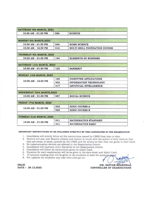 Cbse Date Sheet For Main Exam 2023 For Class X And Xii सीबीएसई बोर्ड ने