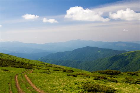 밝은 푸른 하늘 복사 공간 배경에 우디 산 능선으로 이어지는 녹색 잔디 언덕에 먼지 자동차 트랙 관광 및 여행 개념 0명에 대한