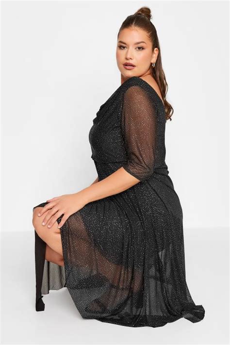 Yours London Plus Size Curve Black Glitter Cowl Neck Midi Dress Yours