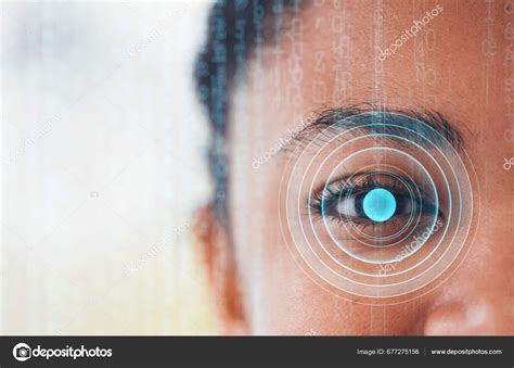 Cybersecurity Woman Eye Scan Portrait Facial Recognition Biometric Check Identity Stock Photo
