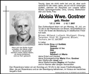 Traueranzeigen Von Aloisia Gostner Trauer Bz