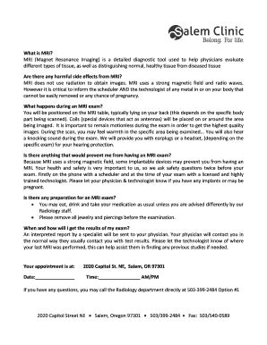 Fillable Online Salemclinic Patient Information Sheet MRI 2012doc Salemclinic Fax Email Print