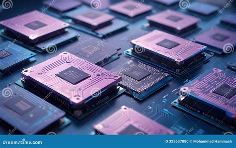 3d Render Of Multiple Computer Chips With Glowing Circuitry On A Blue