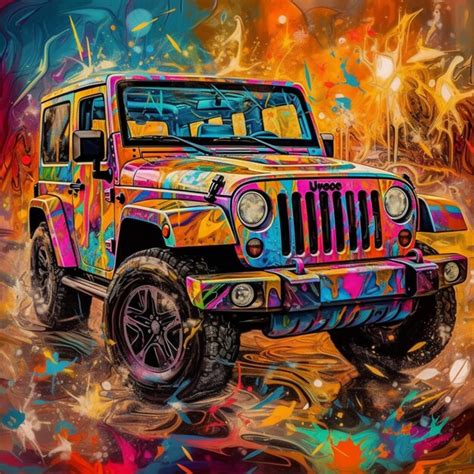 Premium Ai Image A Brightly Colored Jeep Is Parked In A Colorful Area
