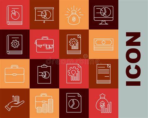 Set Line Money Bag And Diagram Graph Document Stacks Paper Money Cash Briefcase User Manual