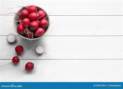 Bowl With Fresh Ripe Radishes On White Wooden Table Flat Lay Space For Text Stock Image