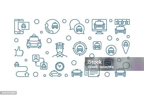 Konsep Vektor Taksi Menguraikan Spanduk Atau Ilustrasi Horizontal